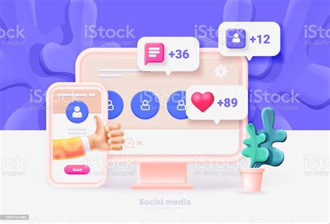 소셜 미디어 사용자 인터페이스가 있는 컴퓨터 및 스마트폰 컴퓨터 및 스마트폰용 템플릿입니다 새로운 좋아요 댓글 팔로워와 소셜 네트워크 사용자 인터페이스 벡터 일러스트 3d