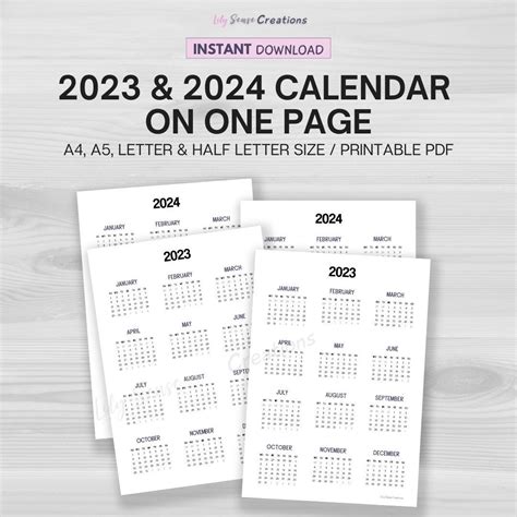 2023 2024 Printable Calendars 2024 Year Calendar On One Page Instant