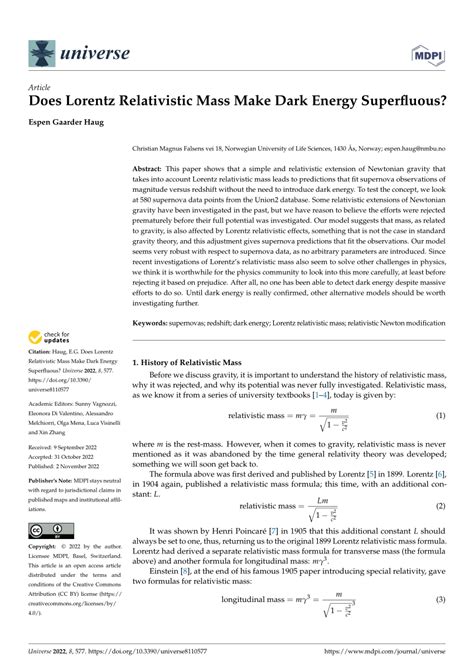 Pdf Does Lorentz Relativistic Mass Make Dark Energy Superfluous