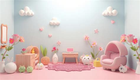 3d Rendered Cute Cartoon Room With Pink And Blue Pastel Colors