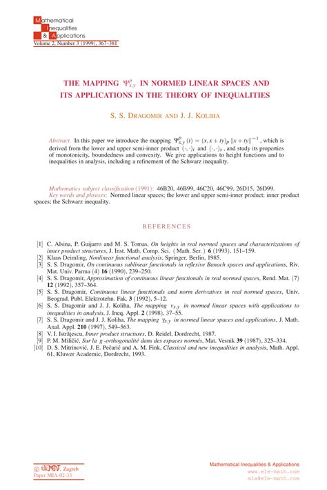 Pdf The Mapping Ψpxy In Normed Linear Spaces And Its Applications In The Theory Of Inequalities