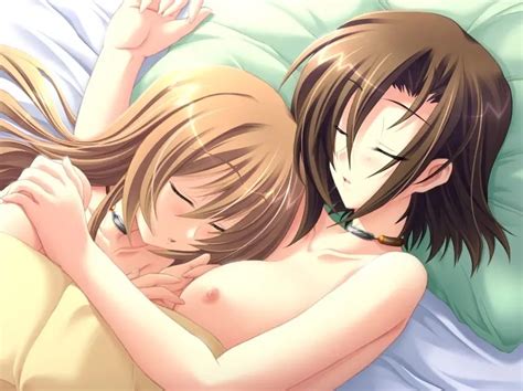 Rule 34 2girls After Sex Bed Between Breasts Blush Breasts Brown Hair Choker Closed Eyes