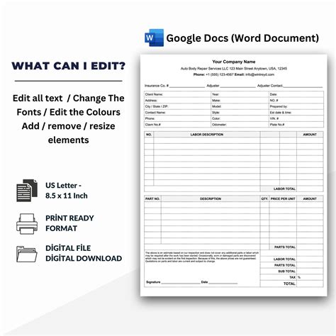 Vehicle Repair Estimate Template