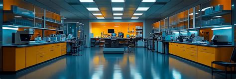 Laboratory Interior Design With Yellow Cabinets And Blue Floor