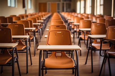 Premium Ai Image A Classroom With A Row Of Desks With A Bag On The Back
