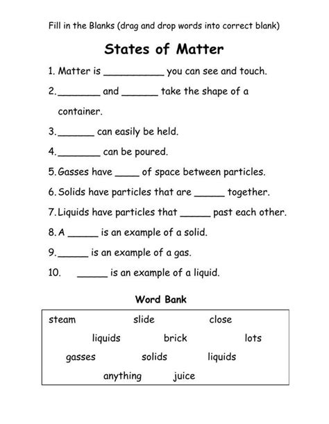 3 States Of Matter Fill In The Blanks Worksheet States Of Matter Worksheet Matter Worksheet