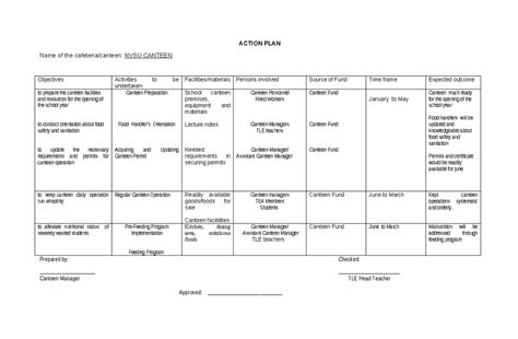 Action Plan Sample Riuzg Aradudzg Ieaet Orit Rsi Tu A Action Plan Name Of The Cafeteria