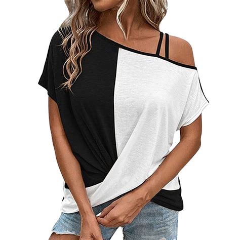 Comdrip Off Shoulder Shirt T Shirts For Women Knot Color Block Loose