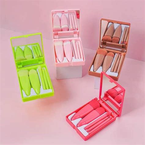 5pcs Portable Makeup Tools Bag 5 In 1 Makeup Brush Set With Mirror