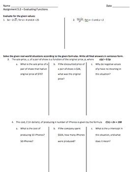 Evaluating Functions Assignment By Miss Zahn S Algebra Arena TpT