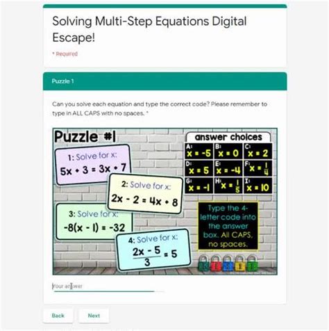 Multi Step Equations Digital Math Escape Room Variables On Both Sides Activity
