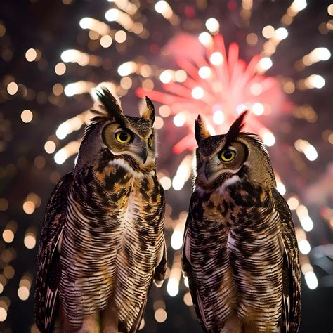 Regal Owls Observing Captivating Fourth Of July Fireworks Display In