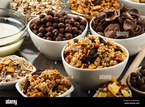 Composition With Different Sorts Of Breakfast Cereal Products Stock Photo Alamy