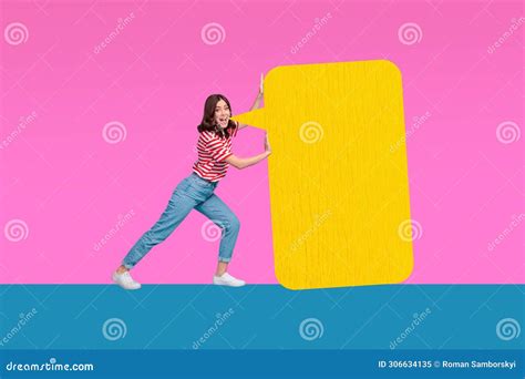 Collage Creative Poster Image Cheerful Happy Charm Young Woman Push Big