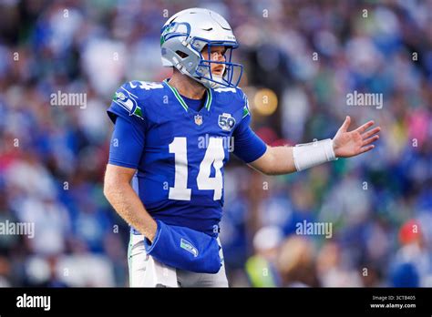 Seattle Seahawks Quarterback Sam Darnold 14 Looks On Before The Start