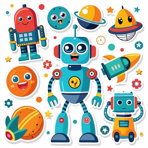 Cute Robot And Space Objects Stickers Premium Ai Generated Vector
