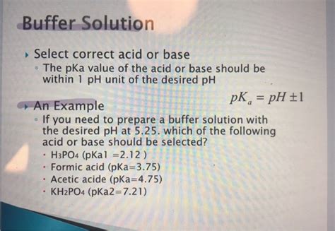 Solved Buffer Solution Select Correct Acid Or Base The Pka