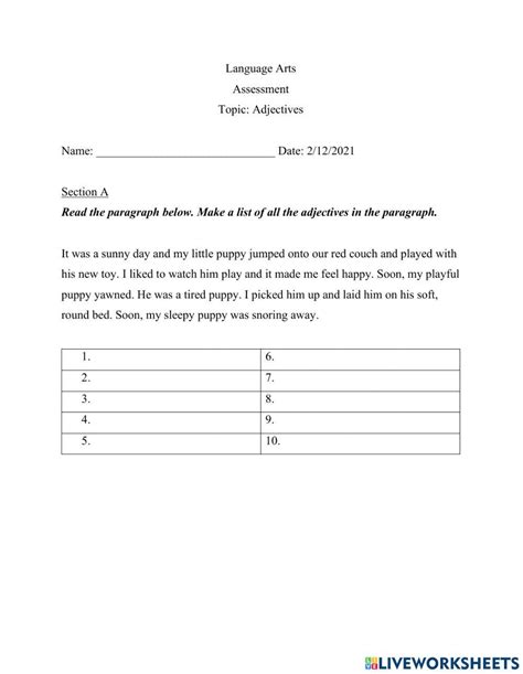 Language Arts Assessment Grade 4 Adjectives Online Exercise For Live