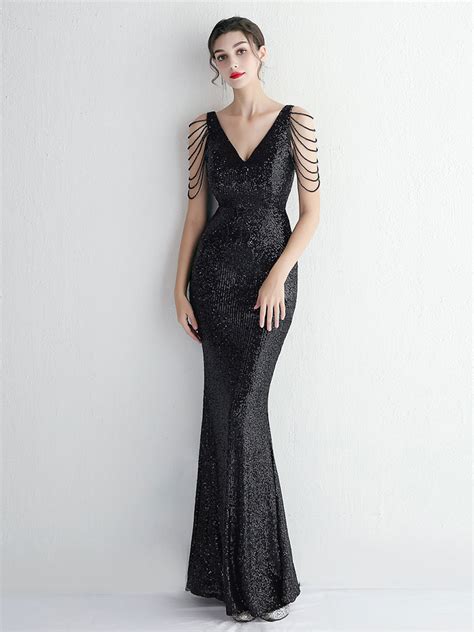 Robes De Soirée À Sequins Sirène Col En V Sans Manches Robe Maxi Semi Formelle