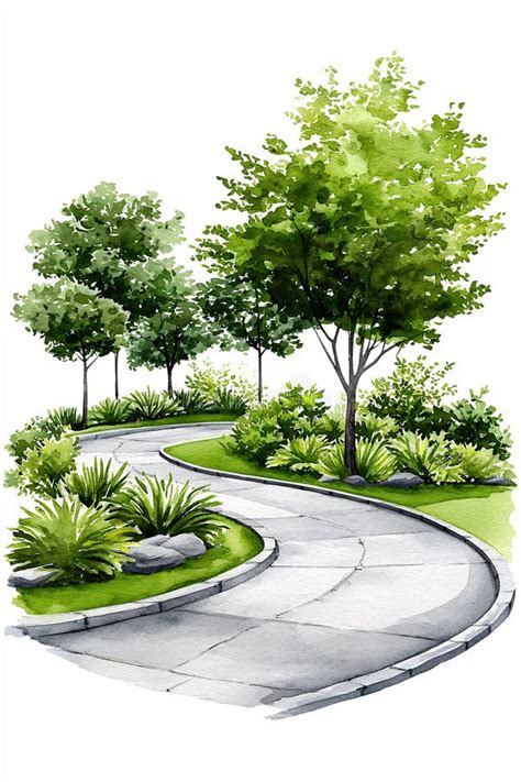 Curving Gray Stone Pathway Through Lush Green Landscape Stock Illustration Illustration Of