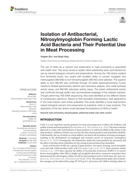 Pdf Isolation Of Antibacterial Nitrosylmyoglobin Forming Lactic Acid