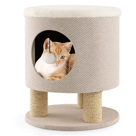 Costway 3 In 1 Cat Condo Stool Kitty Bed With Scratching Posts And Plush
