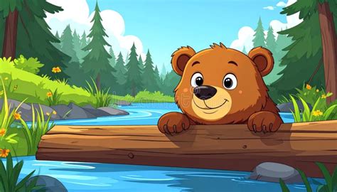 Cute Cartoon Bear Peeking Over A Log In A Forest Stream Stock