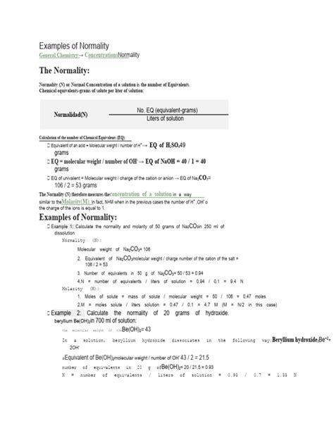 Normality Calculation Examples Pdf Solubility Mole Unit