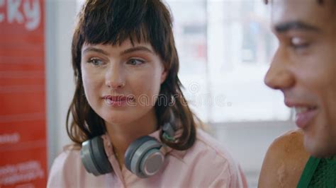 Teen Girlfriend Talking Guy Closeup Two Friends Talking Enjoying