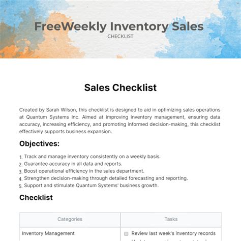 Free Weekly Inventory Sales Checklist Template To Edit Online