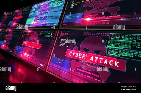 Cyber Attack Red Alert With Skull Symbol On Computer Screen With Glitch Effect Hacking Breach