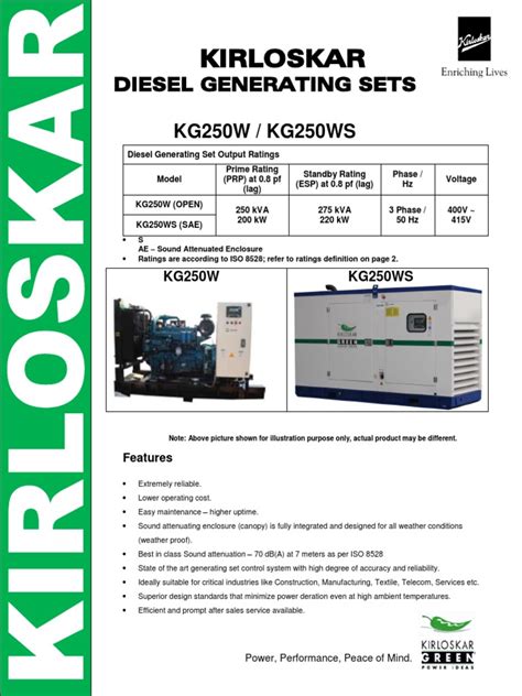 New Specification Sheet 250kva Kirloskar Green Generator Pdf Electric Generator Diesel