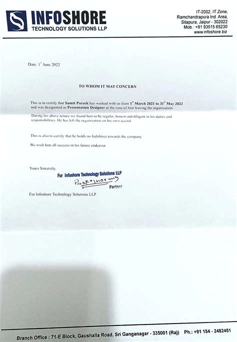 Experience Letter Sumit Pareek