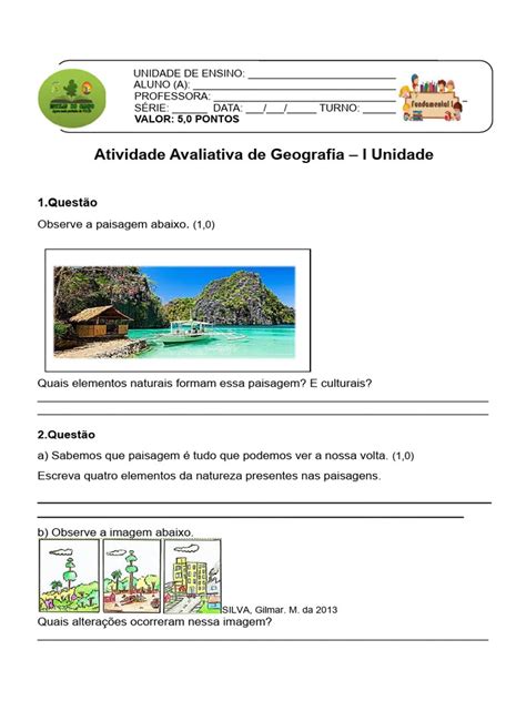Atividade Avaliativa De Geografia I Unidade 4º E 5º Ano Pdf