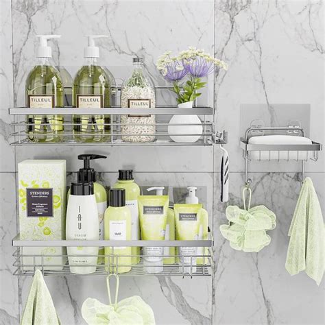 Zelfklevende Douche Caddy Zeepbakje Houder Plank Met 5 Haken Badkamer Organizer Mand Bol