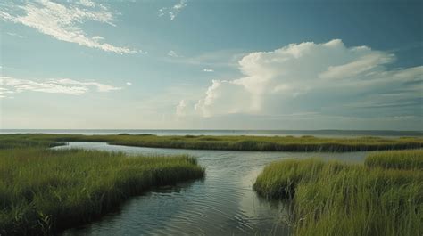 Coastal Beach With Salt Marsh And Sea Grass Background Nature Ocean