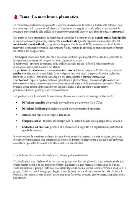 Tema La Membrana Plasmatica Struttura E Funzioni Studocu