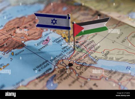 Israel An Palestine Flags On Geopolitical Map Gaza Strip And West Bank