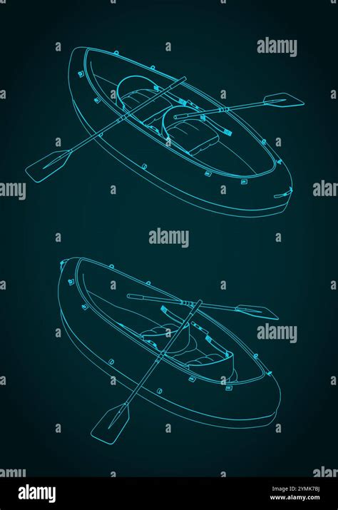Inflatable Kayak Boat For Two Rowers With Paddles Isometric Blueprints