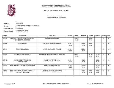 Comprobante De Inscripción Economía Ipn Pdf