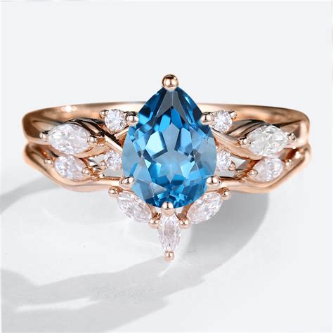14k Rose Gold Pear Shaped London Blue Topaz Engagement Ring Set Lisajewelryus
