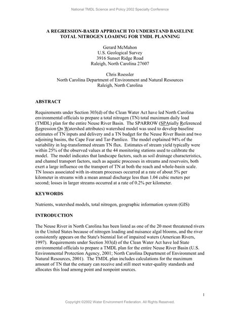 Pdf A Regression Based Approach To Understand Baseline Total Nitrogen