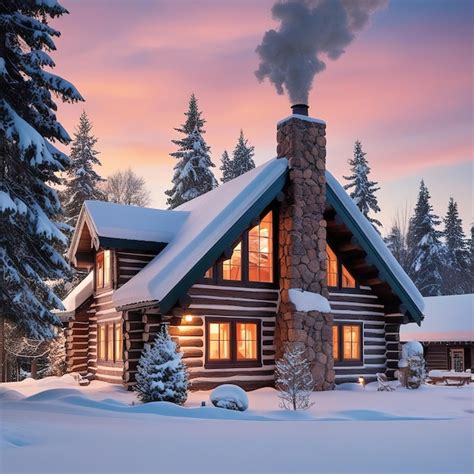Cozy Winter Log Cabin In Snowy Forest At Sunset With Chimney Smoke