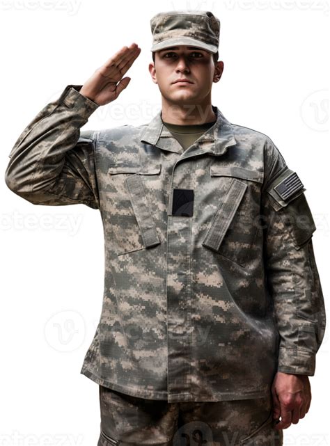 A Us Army Soldier Stands Straight And Salutes Isolated On A
