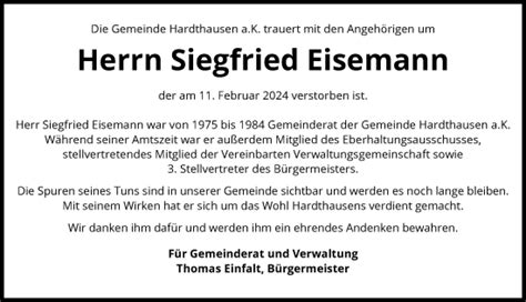 Traueranzeigen Von Siegfried Eisemann Trauerundgedenken De