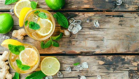 Golden Ginger Ale Beer Cocktail With Lime Lemon And Mint In Glaass On