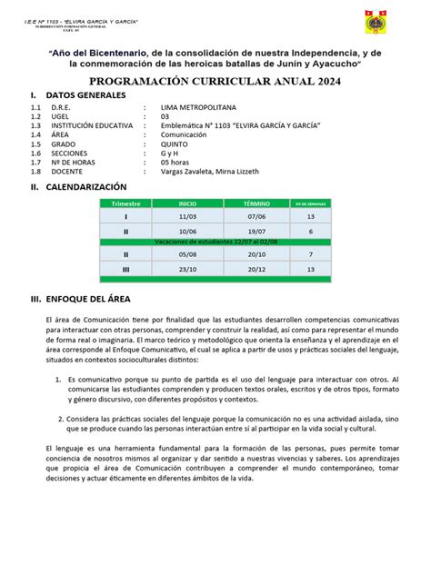 Programación Curricular Anual 5to 2024 Pdf Evaluación Aprendizaje
