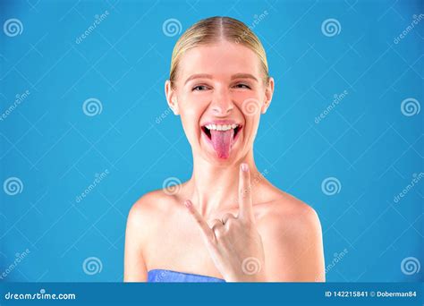 Perfect Blonde Girl Young Blonde Girl At Blue Background Close Up Portrait Skin Care Concept