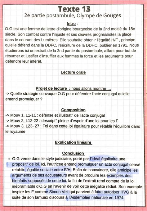 Postambule Olympe De Gouges Analyse Linéaire Et Pdf Français En Pdf Knowunity