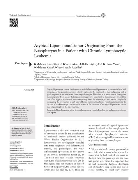Pdf Atypical Lipomatous Tumor Originating From The Nasopharynx In A
